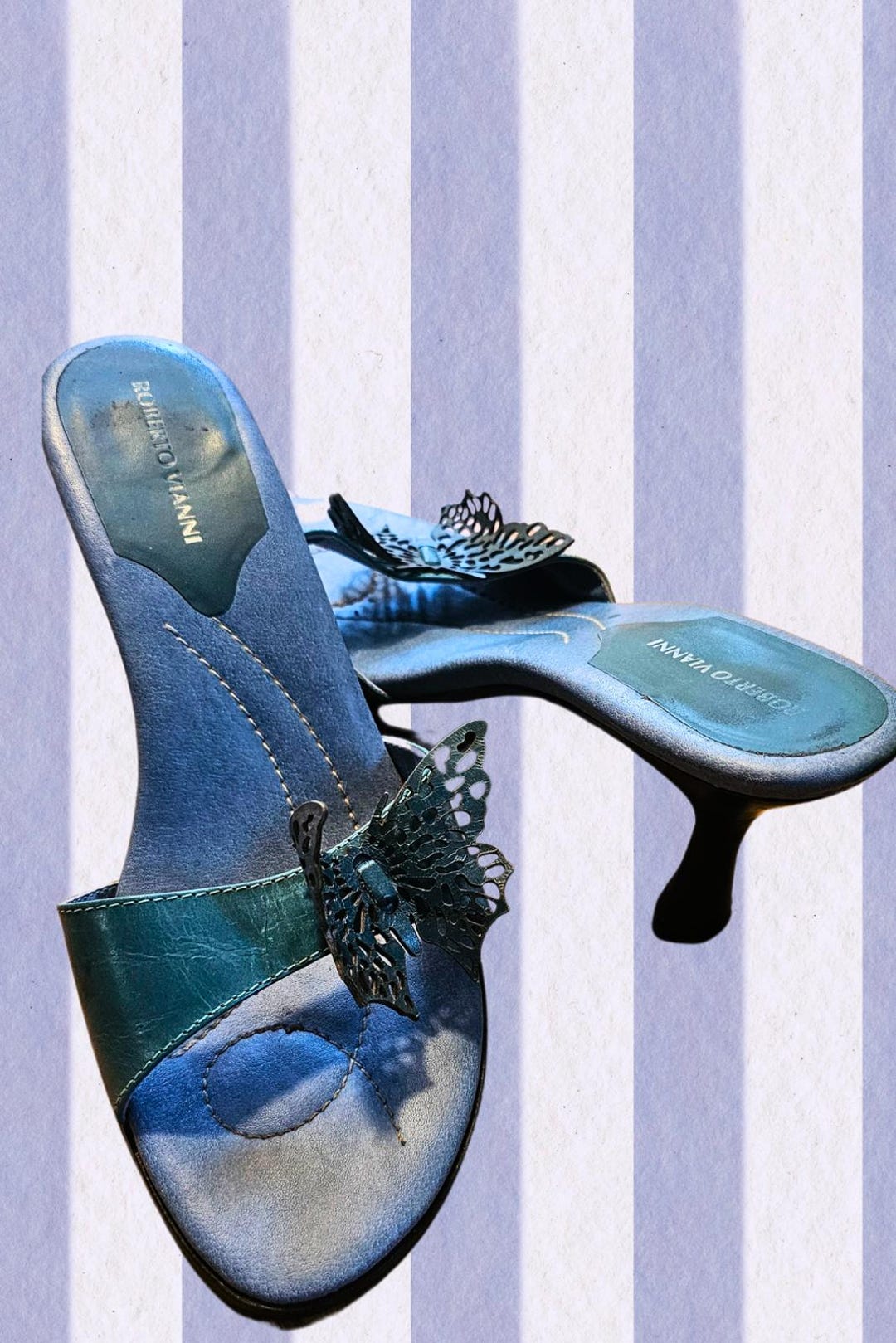 Vintage Roberto Vianni Blue Kitten Heel With Butterfly Size 8 US Real ...