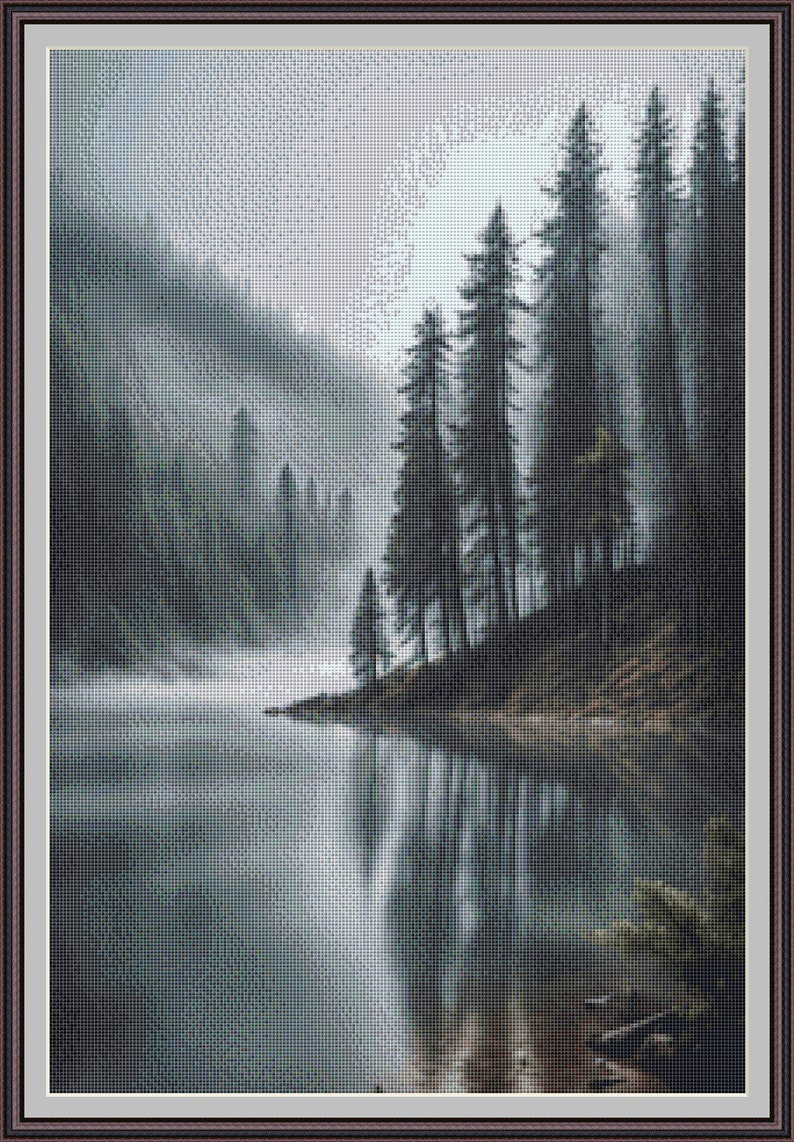 Misty Lake Cross Stitch Pattern PDF – Forest Landscape Embroidery Chart ...