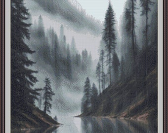 Misty Forest Cross Stitch Pattern PDF , Landscape Embroidery Design ...