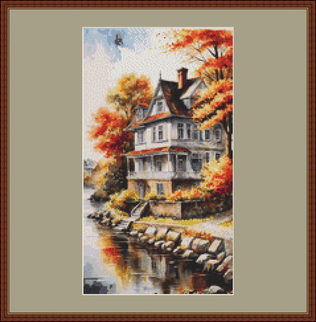 Autumn House Cross Stitch Pattern PDF , Fall Landscape Embroidery ...