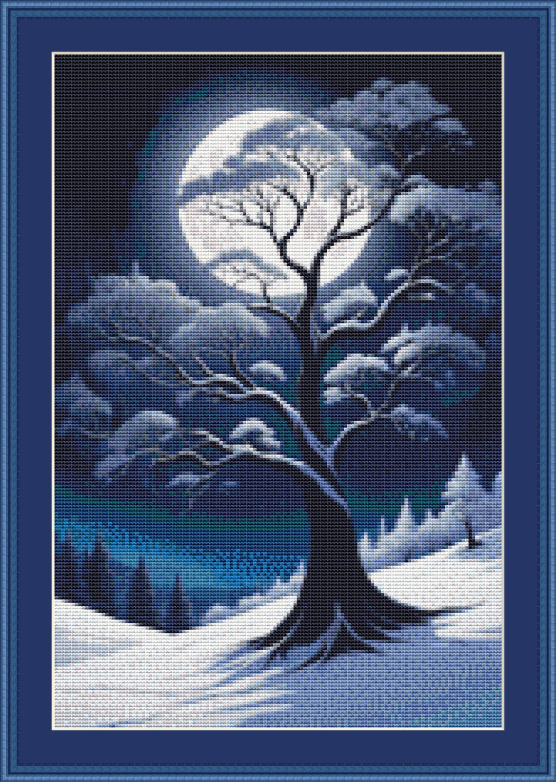 Winter Tree Under Moon Cross Stitch Pattern, DMC Chart, Multicolor ...