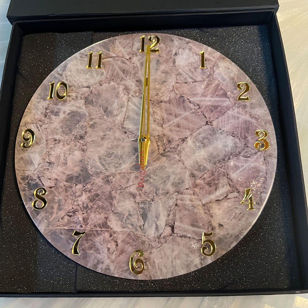Rose Quartz Round Wall Clock | Gold Number Crystal Timepiece | Handmade ...