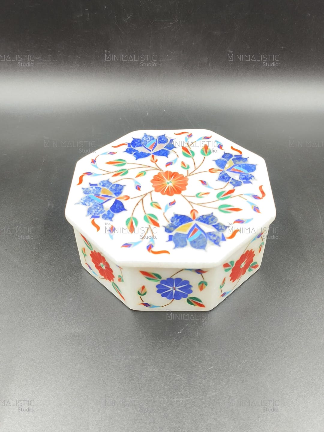 Handmade White Marble Octagon Box | Blue Floral Inlay, Pietra Dura Art ...
