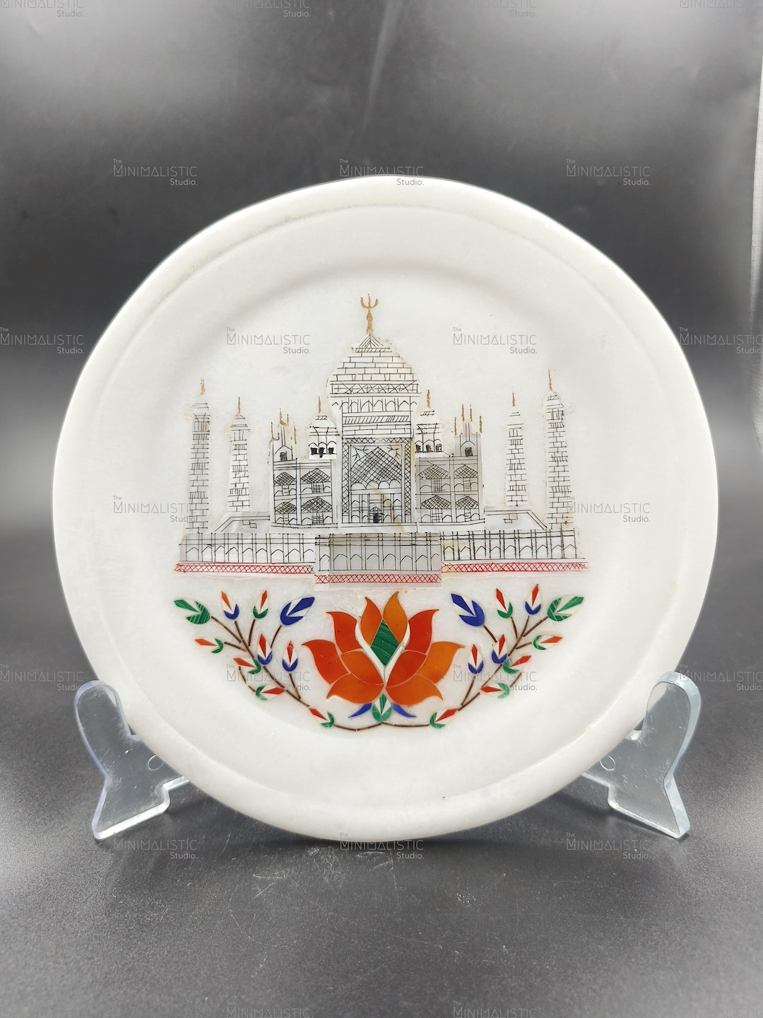 Handmade 8 Inch Taj Mahal Marble Inlay Plate | White Marble Decorative ...