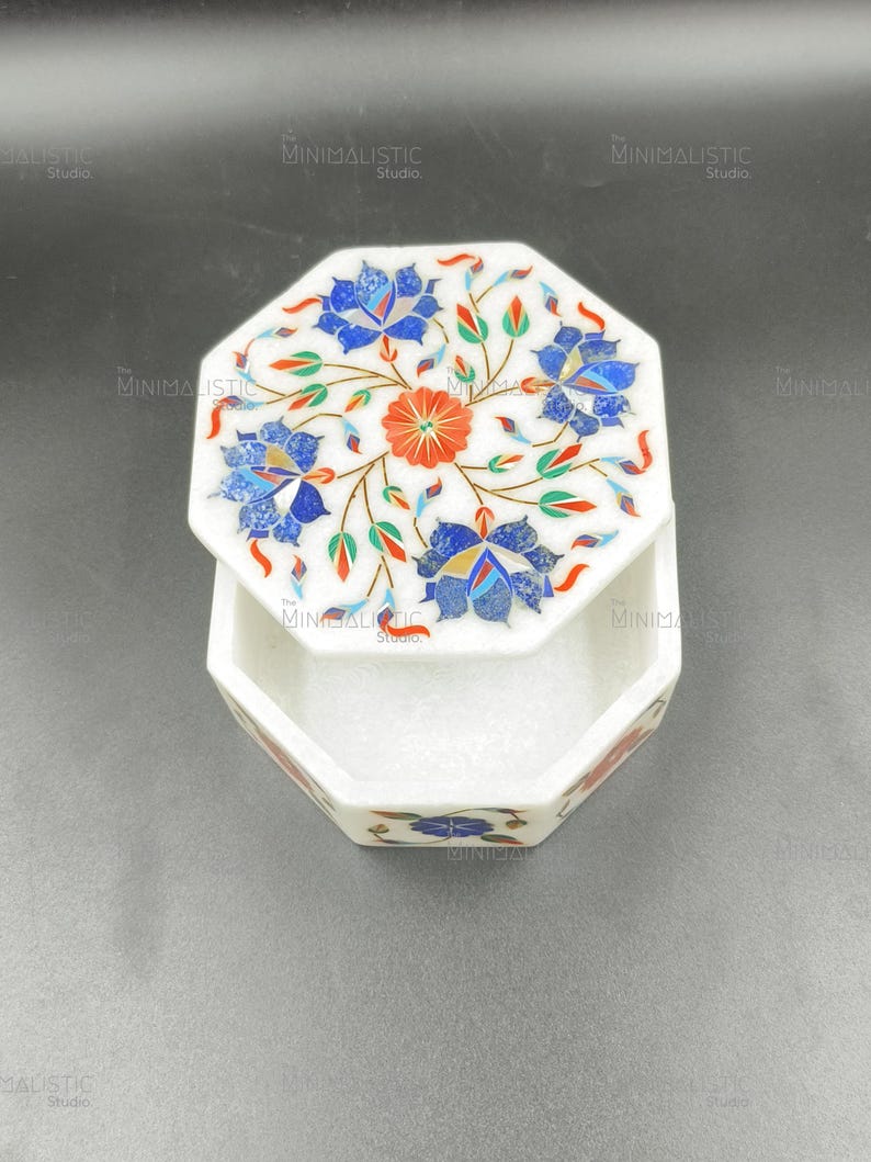 Handmade White Marble Octagon Box | Blue Floral Inlay, Pietra Dura Art ...