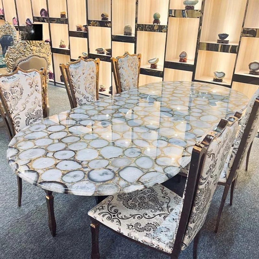 Oval White Agate Table Top | Luxury | Natural Gemstone | Dining Table ...