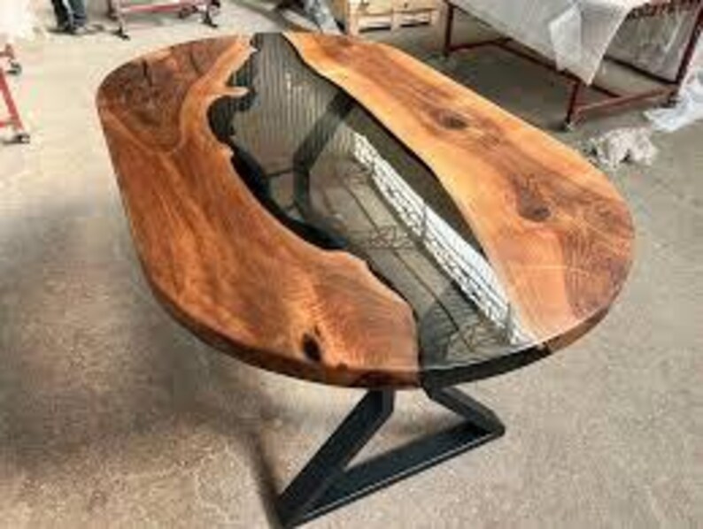 Oval Acacia Wood Table Top | Black Epoxy Resin River, Customizable - Etsy