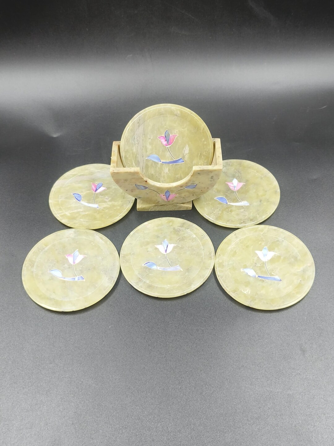 Beige Marble Lotus Inlay Coaster 3.5” Inch | Set of 6 With Holder for ...