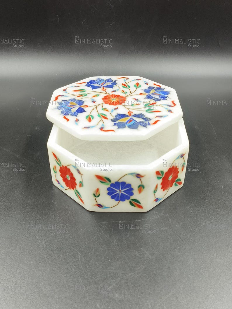 Handmade White Marble Octagon Box | Blue Floral Inlay, Pietra Dura Art ...