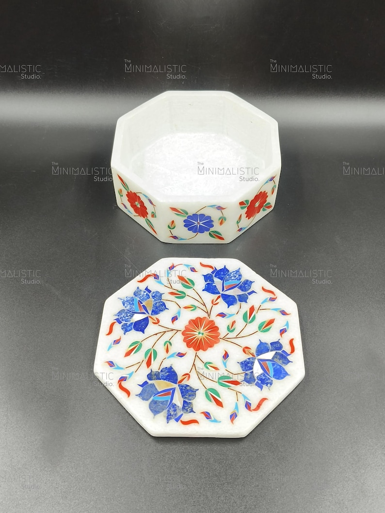 Handmade White Marble Octagon Box | Blue Floral Inlay, Pietra Dura Art ...
