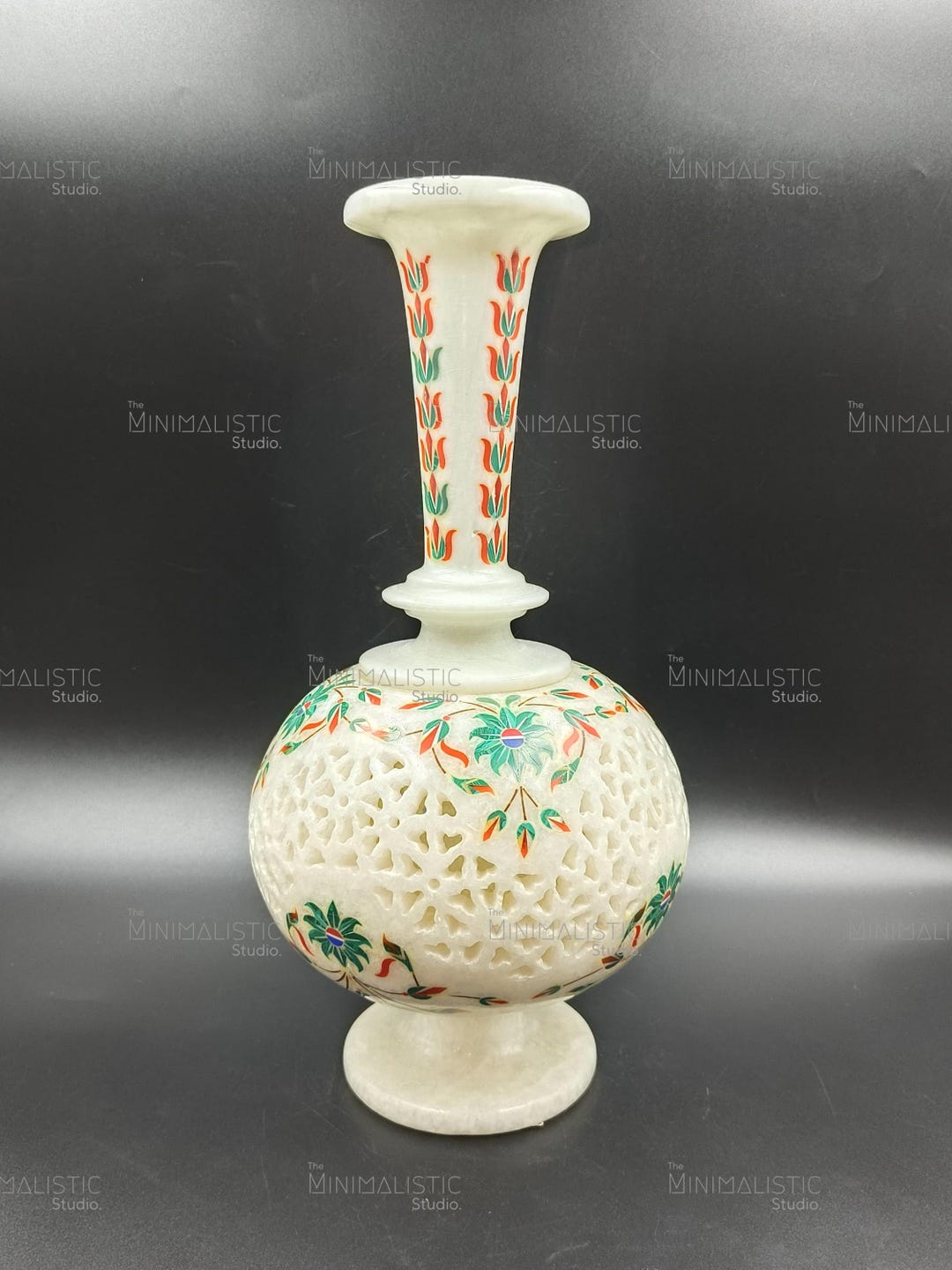 Handcrafted Makrana White Marble Floral Inlay Vase | Indian Pietra Dura ...