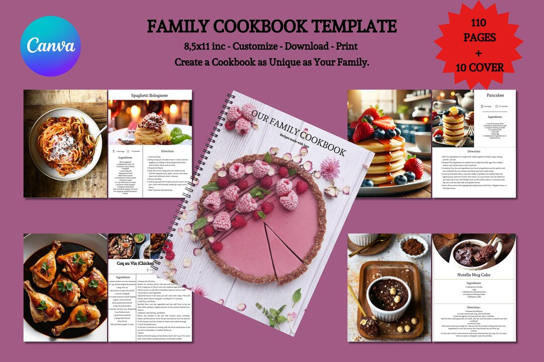 110 Page Cookbook Canva Template, Family Cookbook Design, Digital ...