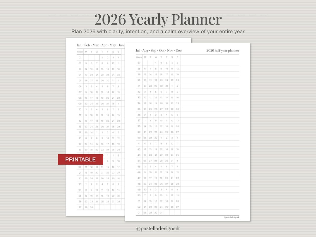 2026 Yearly Planner Printable | Minimalist 2026 Year Overview | A4 A5 ...