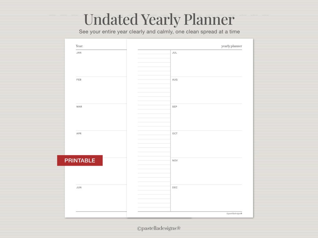Undated Yearly Planner Printable | Minimal Annual Overview | A4 A5 ...