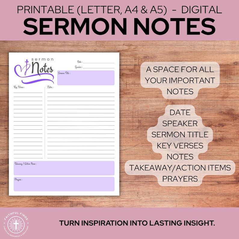 Sermon Notes Template | Printable or Digital | Christian Journal ...
