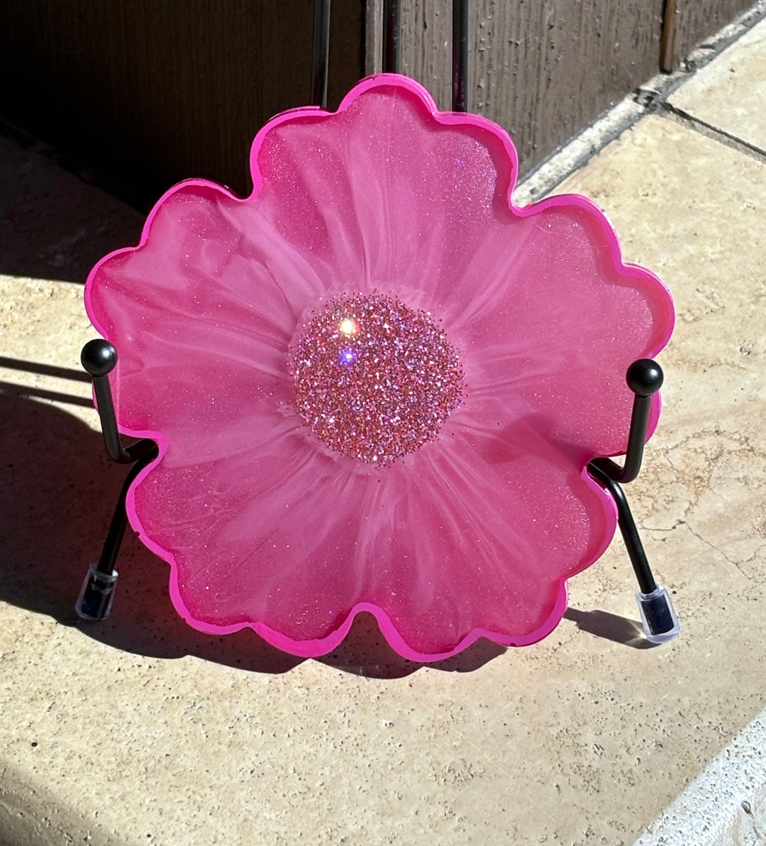 Coasters Rose Pink Flower With Center Sparkles, Handmade Epoxy Resin ...