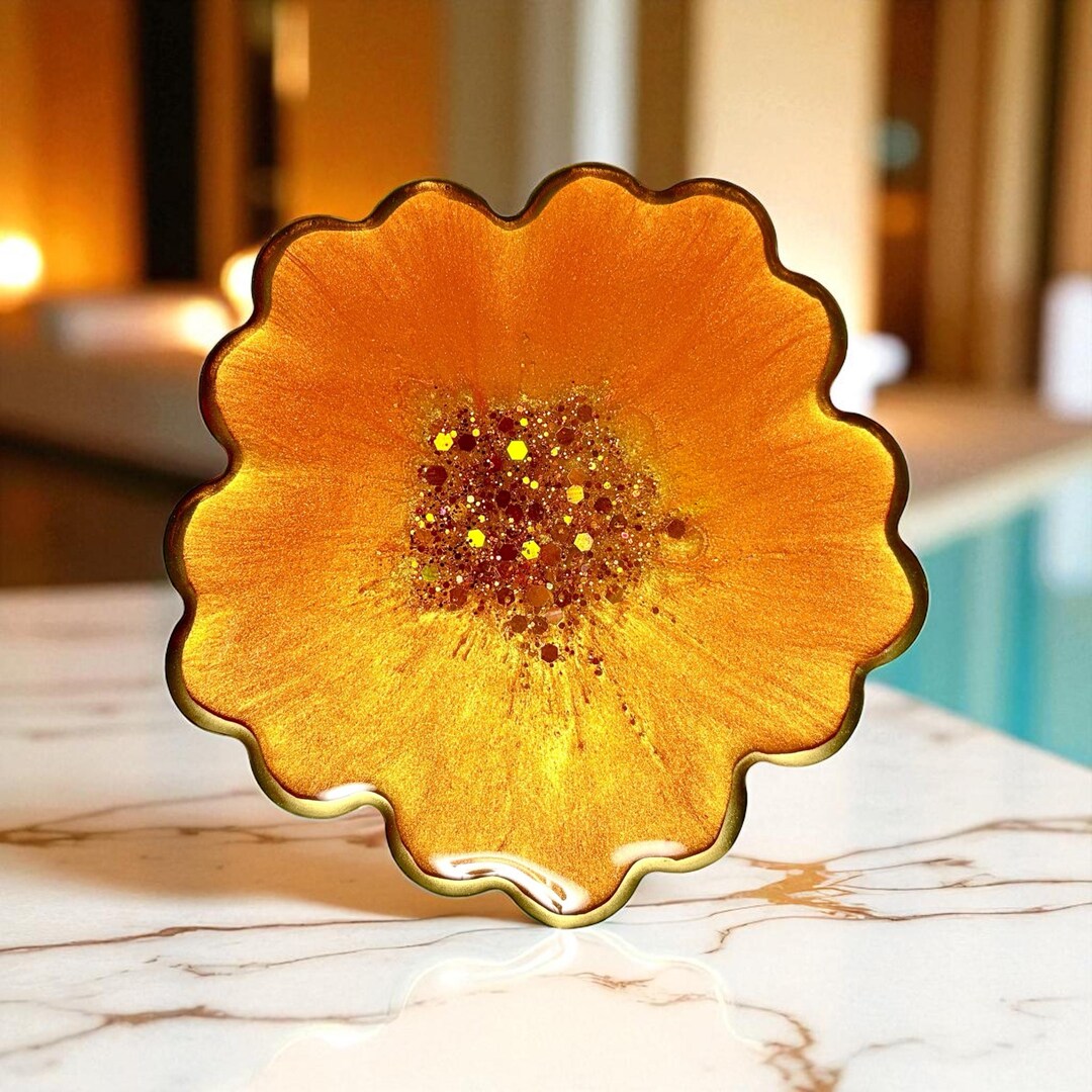 Coasters Tuscan Sunset Flower With Center Sparkles, Handmade Epoxy ...