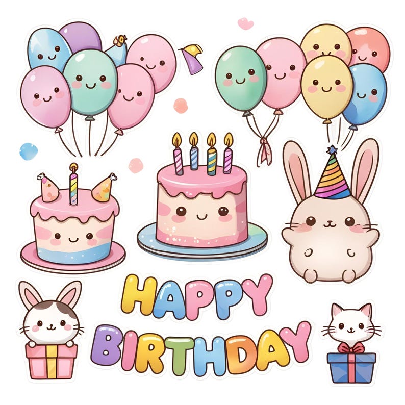 Kawaii Birthday Clipart Set PNG | Cute Cake, Balloons, Bunny, Cat, Gift ...