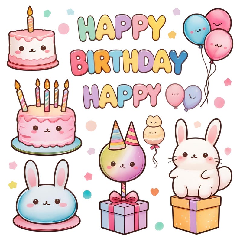 Kawaii Birthday Clipart Set PNG | Cute Cake, Balloons, Bunny, Cat, Gift ...