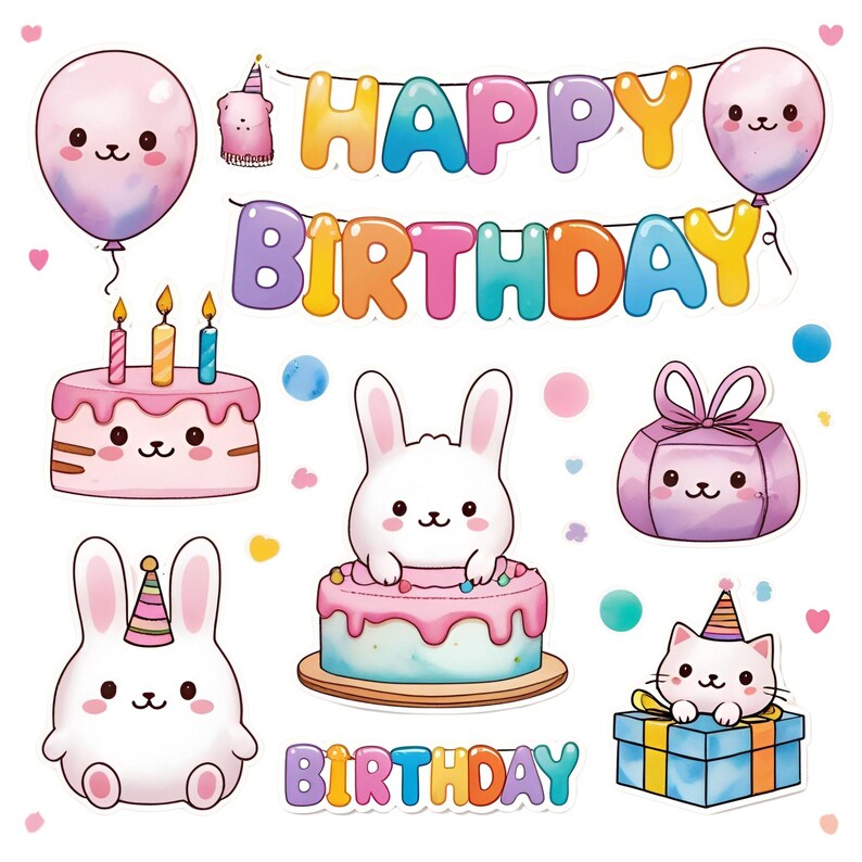 Kawaii Birthday Clipart Set PNG | Cute Cake, Balloons, Bunny, Cat, Gift ...