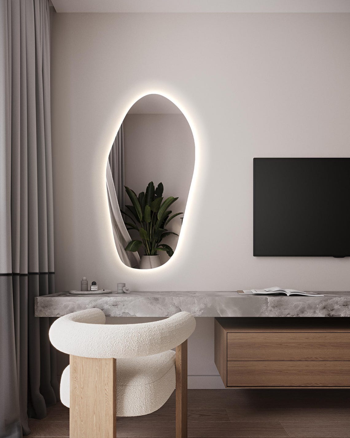 Irregular Mirror With Led Lights, Asymmetrical Lighted Mirror, Led ...