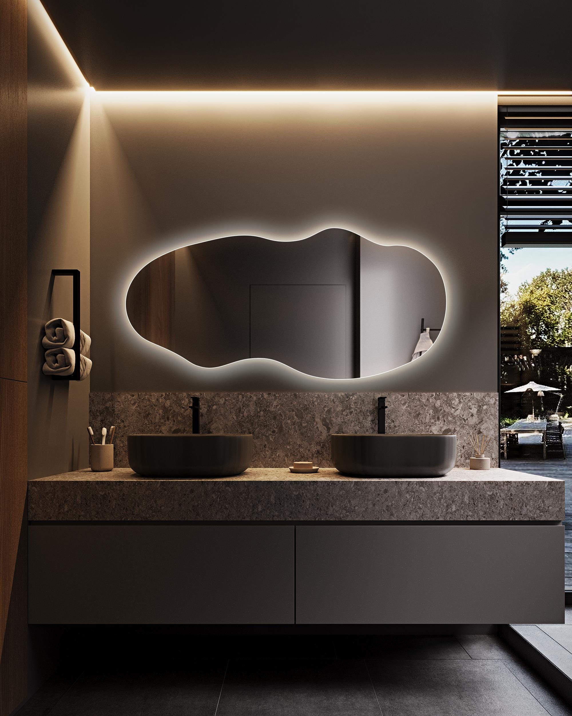 Asymmetrical Large Wall Mirror With Lights, Irregular Mirror for ...