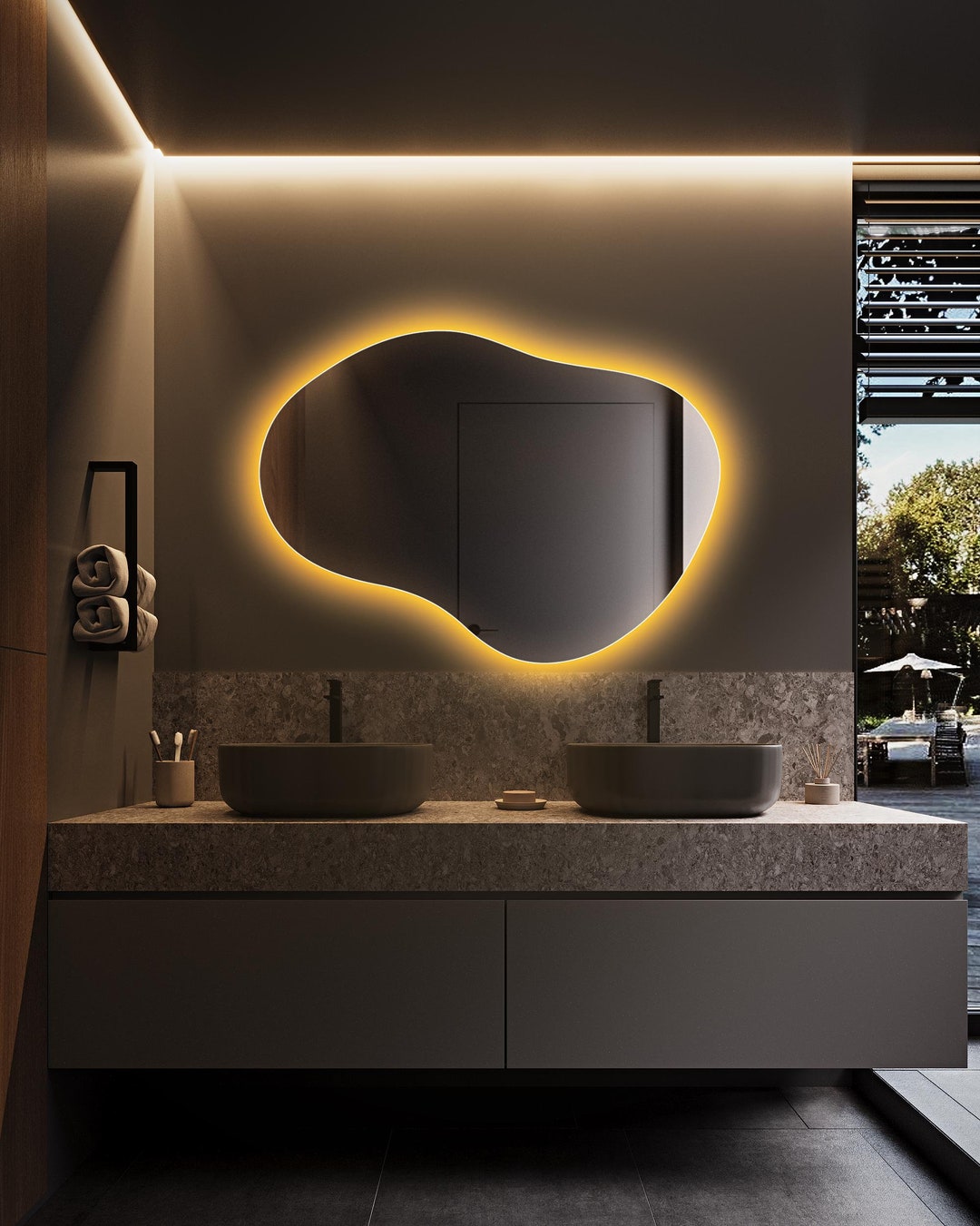 Irregular LED Backlit Bathroom Mirror, Asymmetrical Lighted Vanity ...