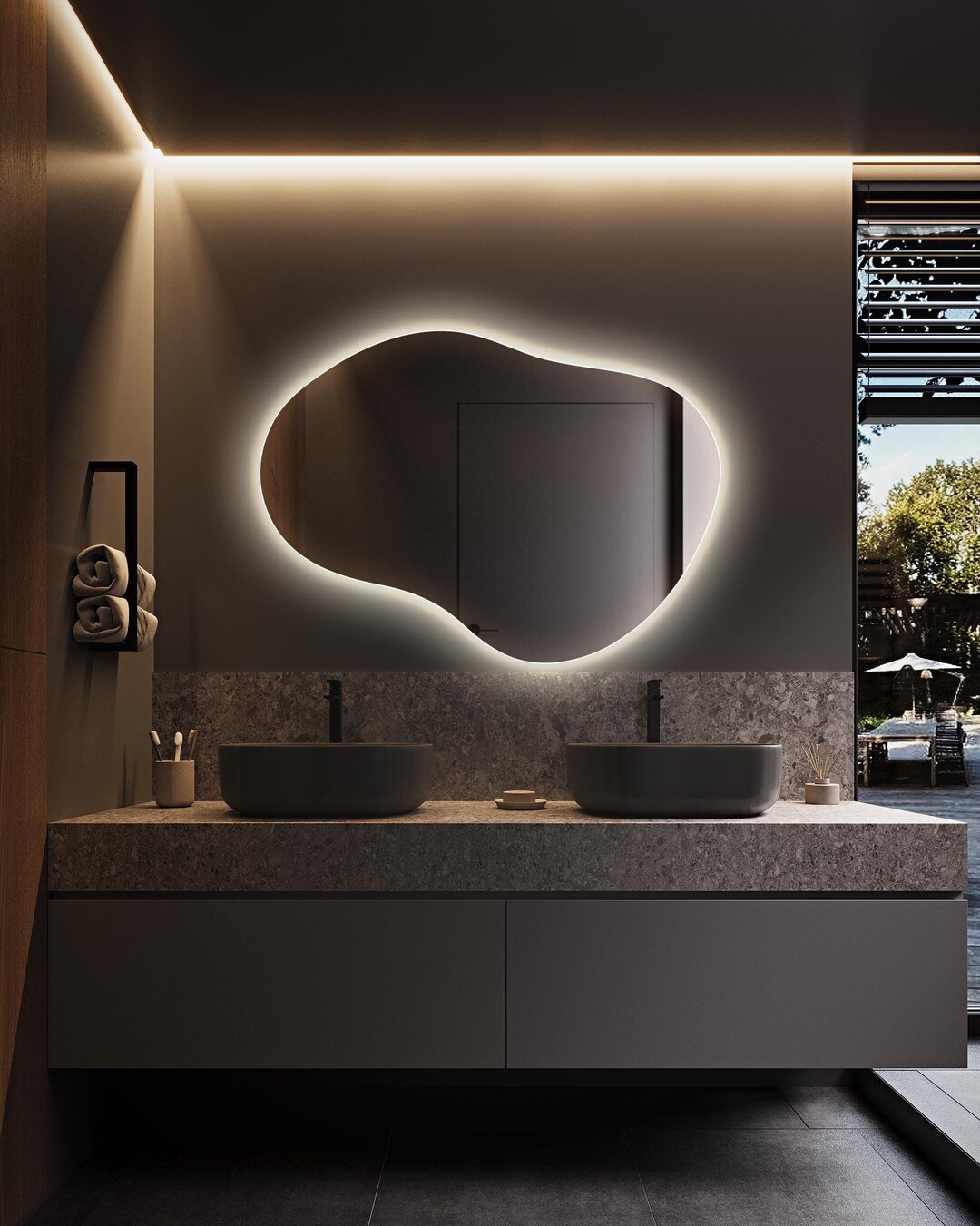 Irregular LED Backlit Bathroom Mirror, Asymmetrical Lighted Vanity ...