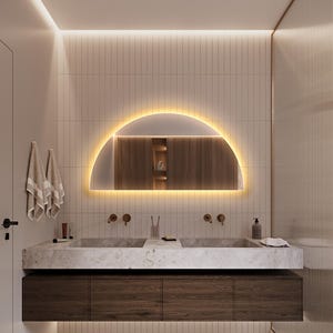 Half Circle LED Lighted Bathroom Mirror, Large Wall Backlit Mirror ...