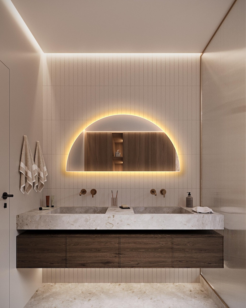Half Circle LED Lighted Bathroom Mirror, Large Wall Backlit Mirror ...