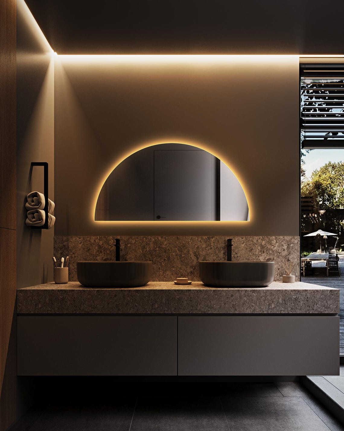 Half Circle LED Lighted Bathroom Mirror, Large Wall Backlit Mirror ...