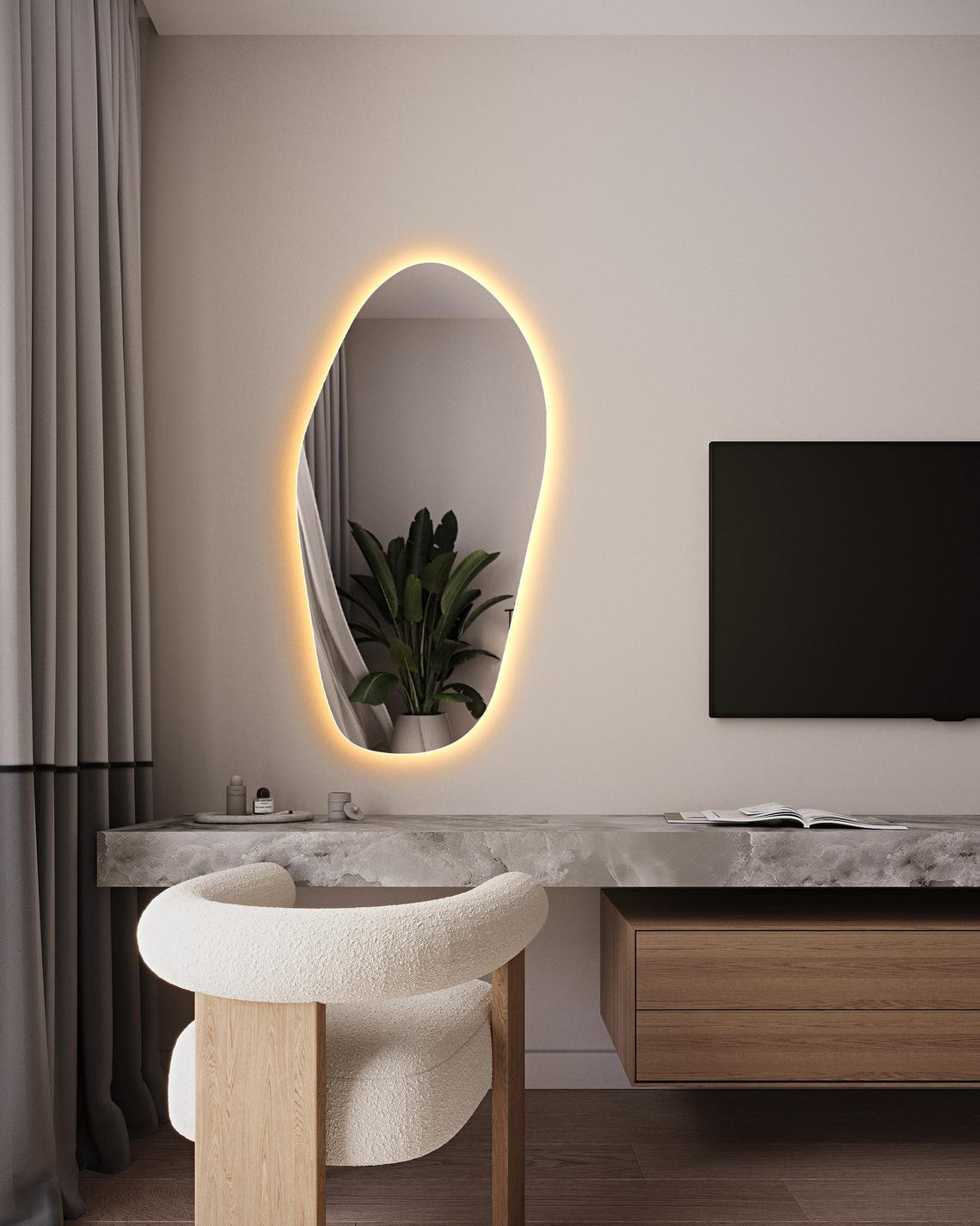 Irregular Mirror With Led Lights, Asymmetrical Lighted Mirror, Led ...