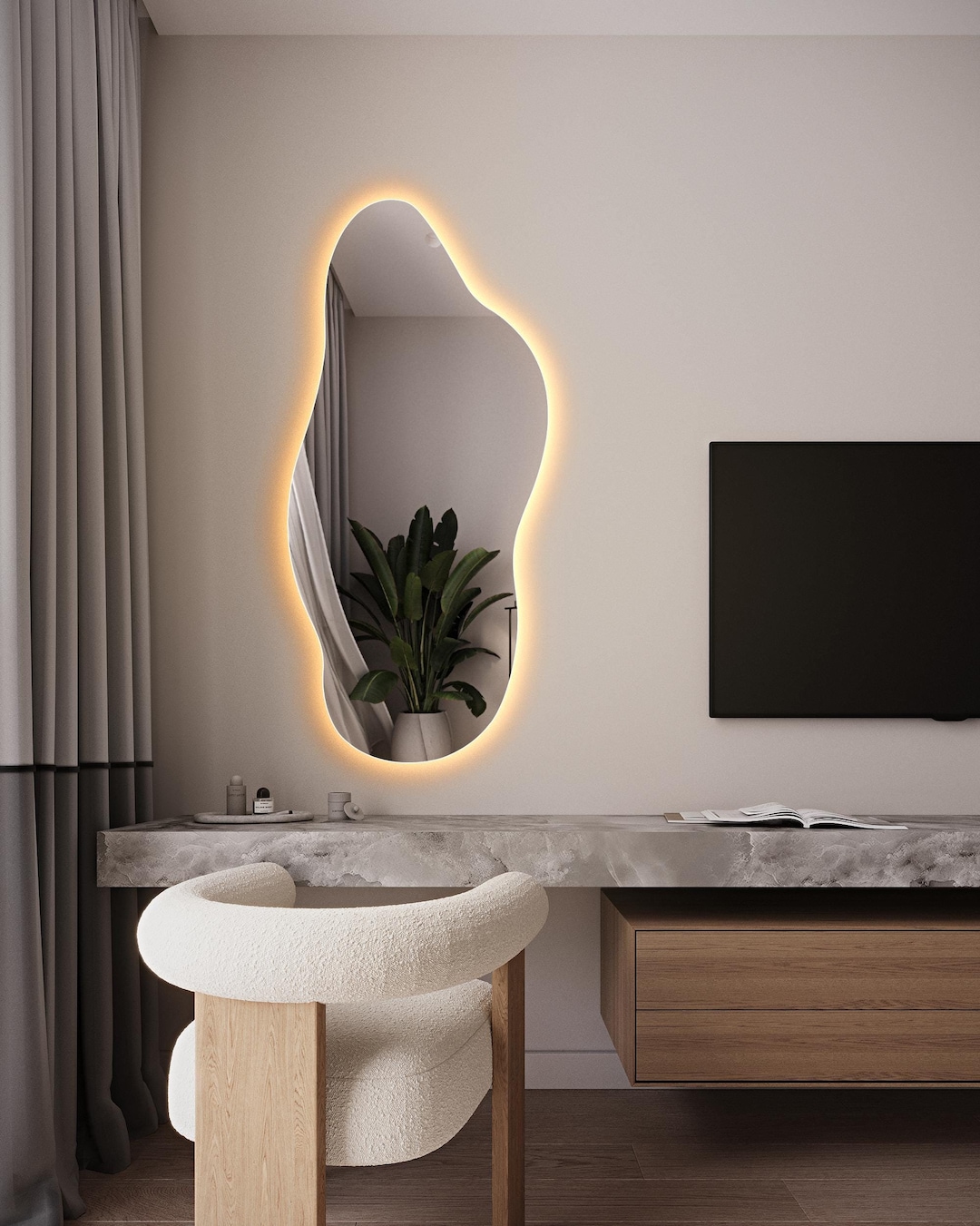 Asymmetrical Bathroom Mirror With Led Lights, Irregular Led Lighted ...
