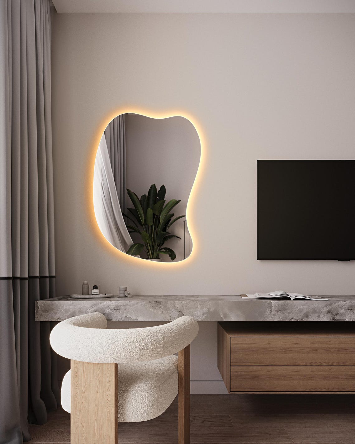 LED Lighted Bathroom Mirror, Asymmetrical Mirror With Led Lights ...