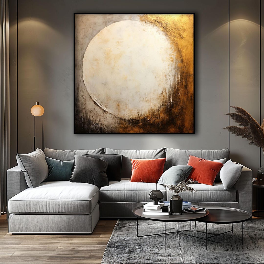 Abstract Moon Oil Painting: Textured Gold Beige Canvas Wall Art - Etsy