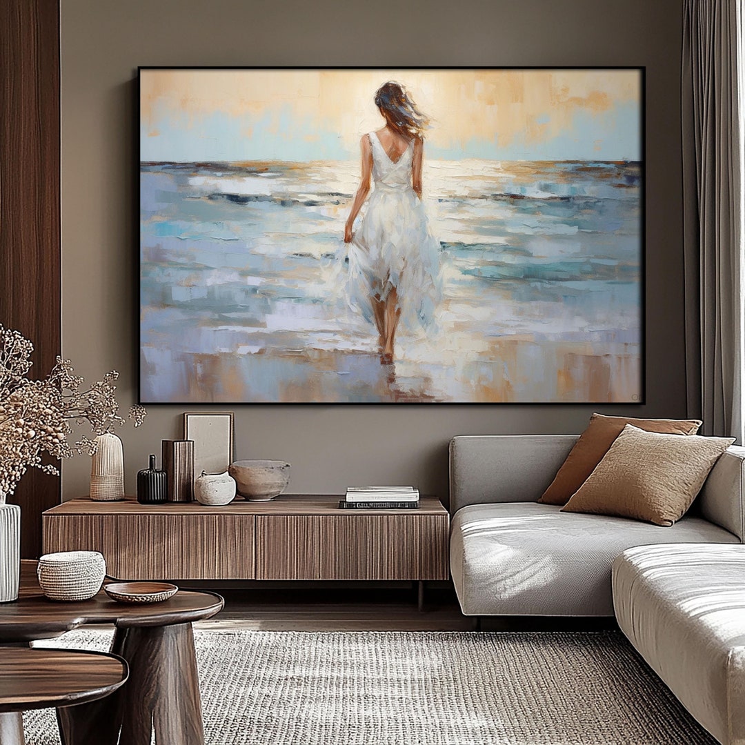 Hand Painted Woman in White Dress Oil Painting: Abstract Beach Scene ...