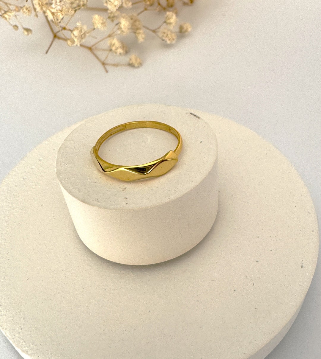 14k Solid Gold Vintage Patterned Band Ring, Geometric Faceted Ring ...