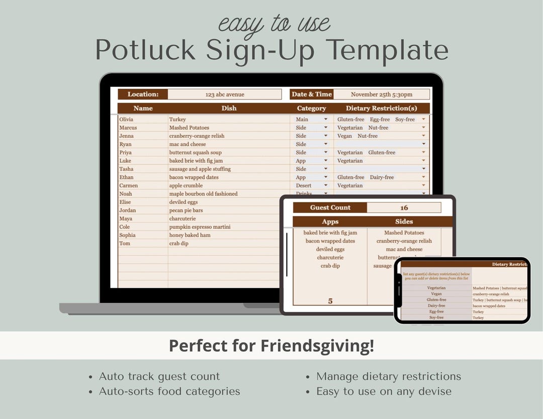 Potluck Sign up Spreadsheet | Thanksgiving Potluck Spreadsheet ...