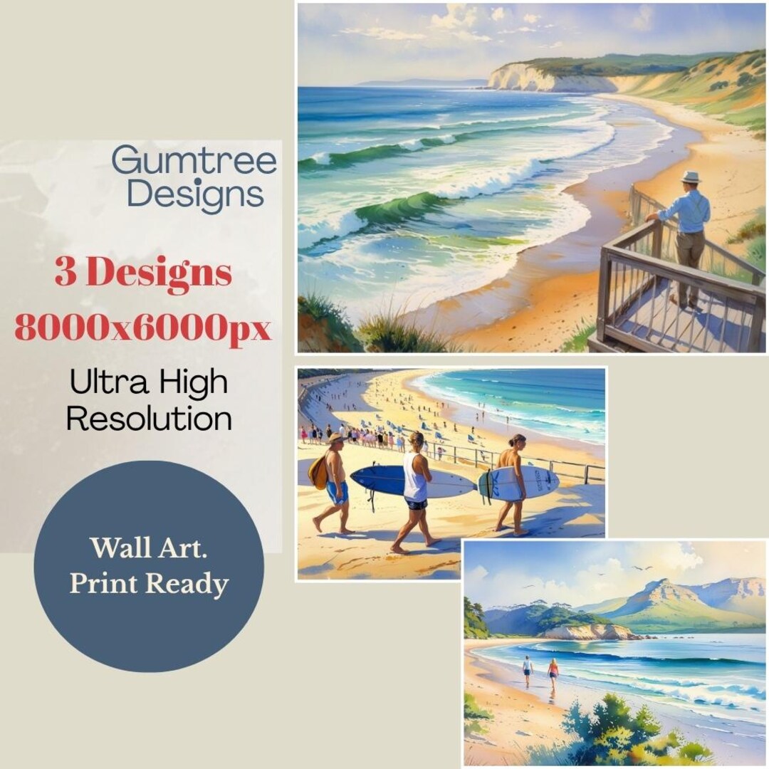 Beach Wall Art | 3 Watercolour PNG Prints | Iconic Australian Beaches ...