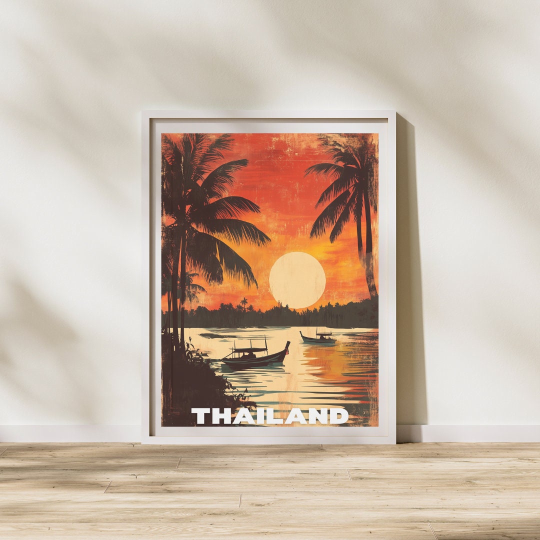 Thailand Sunset Travel Poster – Tropical Palm Trees, Boat & Beach Scene ...