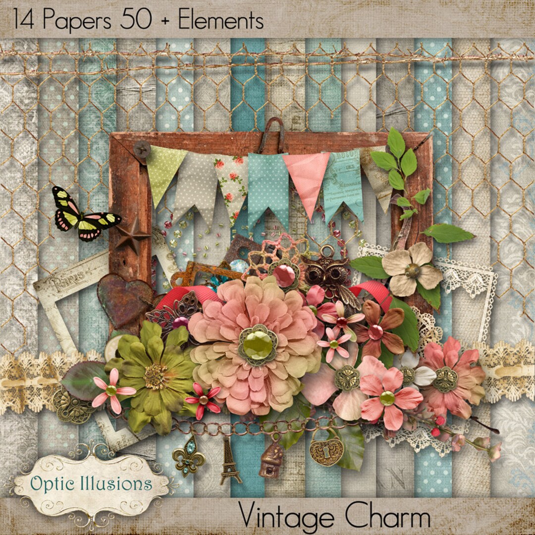 Vintage Charm - Digital Scrapbooking Kit - 14 Beautiful Papers and Over ...