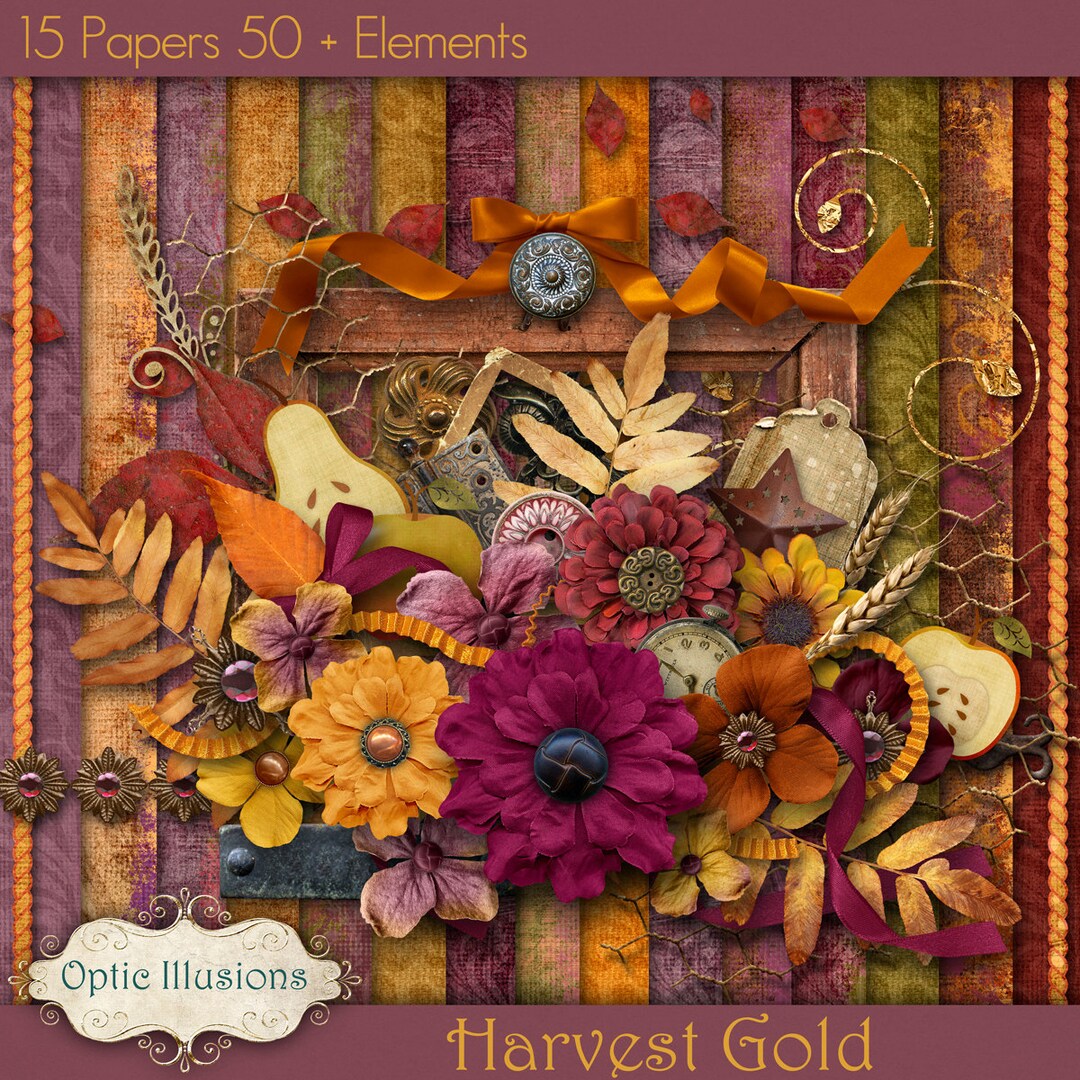 HARVEST GOLD - Digital Scrapbooking Kit - 15 Papers and 50 Plus ...
