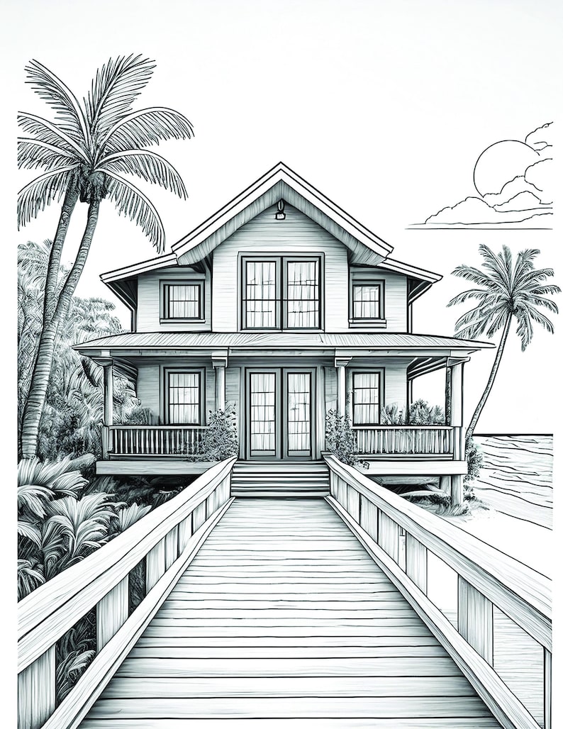 Beachfront Home Coloring Page, Relaxing Scenery (digital Download) - Etsy