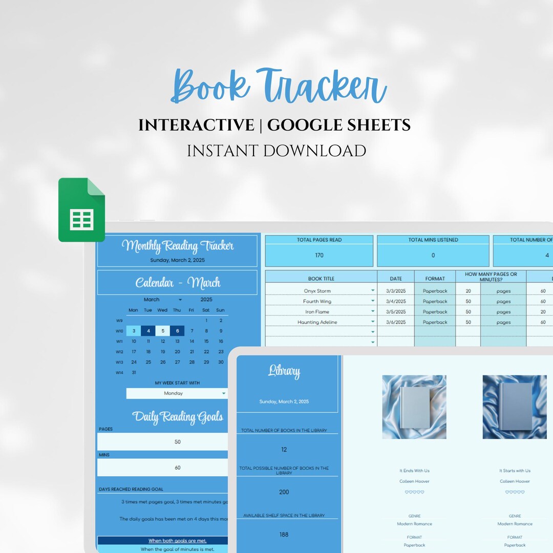 Digital Book Journal Google Sheets Template Reading Log Reading Planner ...