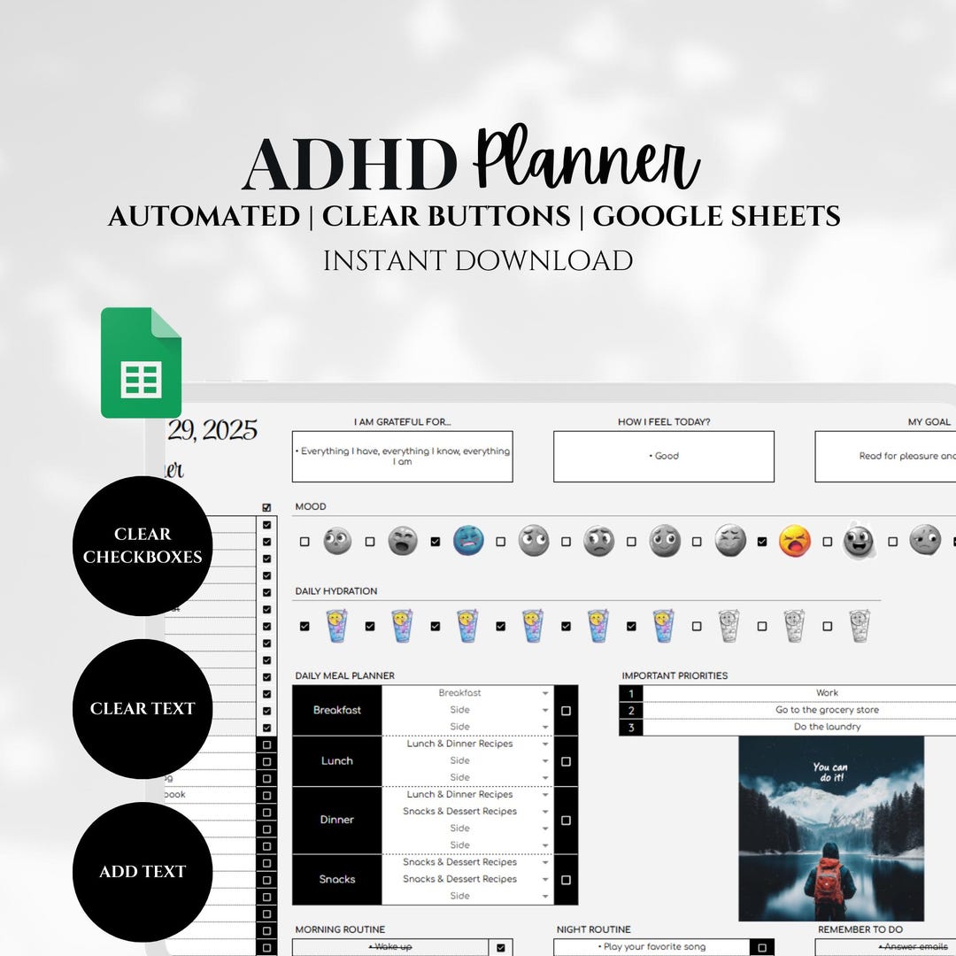 ADHD Digital Life Planner Adult Spreadsheet ADHD Daily Worksheets ...