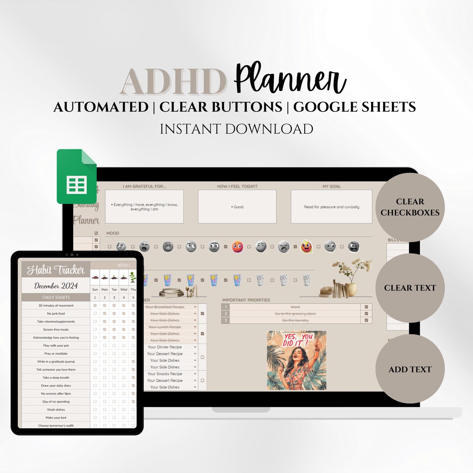 ADHD Digital Life Planner Adult Spreadsheet ADHD Daily Worksheets ...