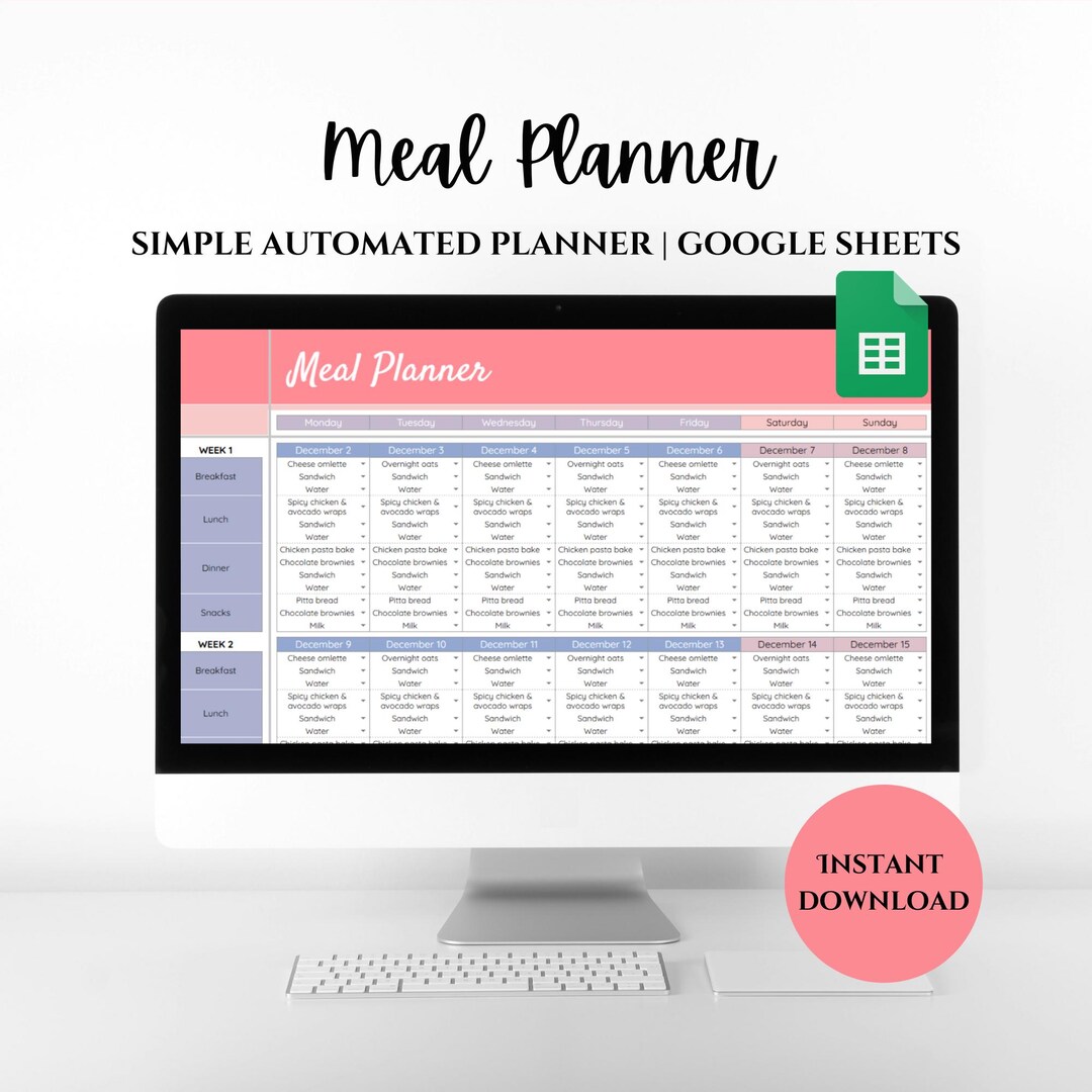 Meal Planner Google Sheets Digital Weekly Grocery Automated Shopping ...