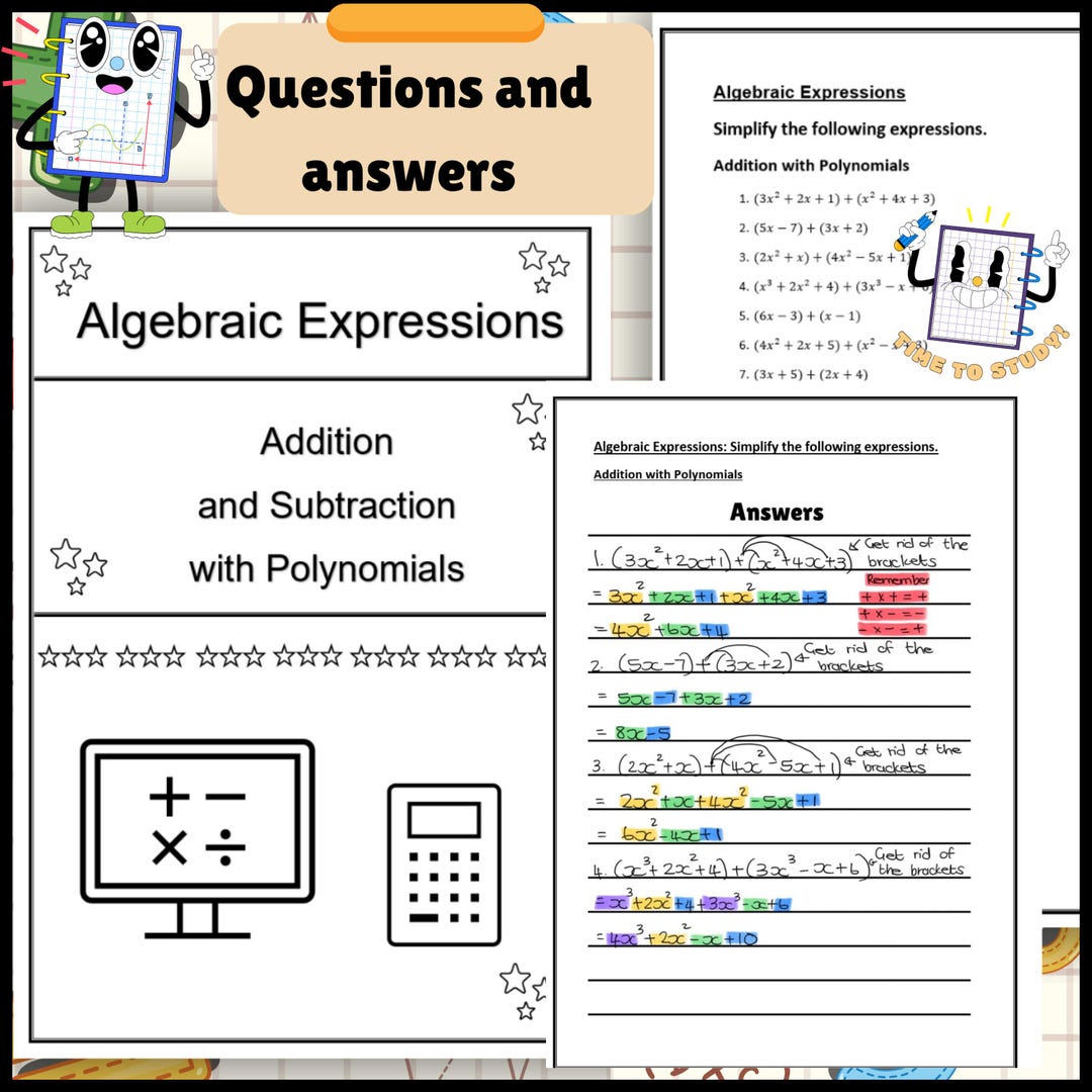 Algebraic Expression, 10 Addition and 10 Subtraction Sums With Answers ...