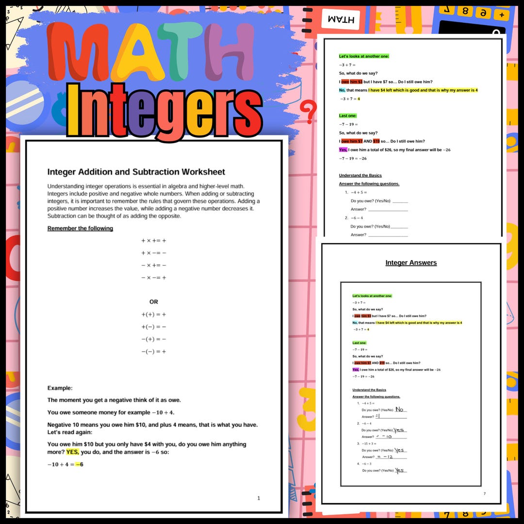 Integer Worksheet, Mathematics, High School Math, With Answers, Math ...
