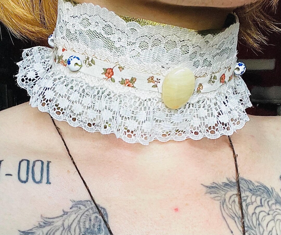 Cute Choker Collar, Frilly Collar, Porcelain Beads, Gemstone, Lace ...
